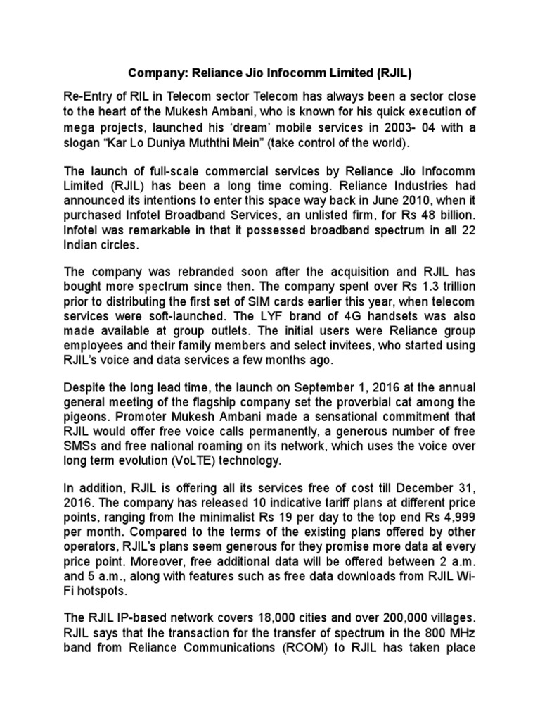 Reliance Jio Infocomm Limited (RJIL) | PDF | Telecommunications | Business