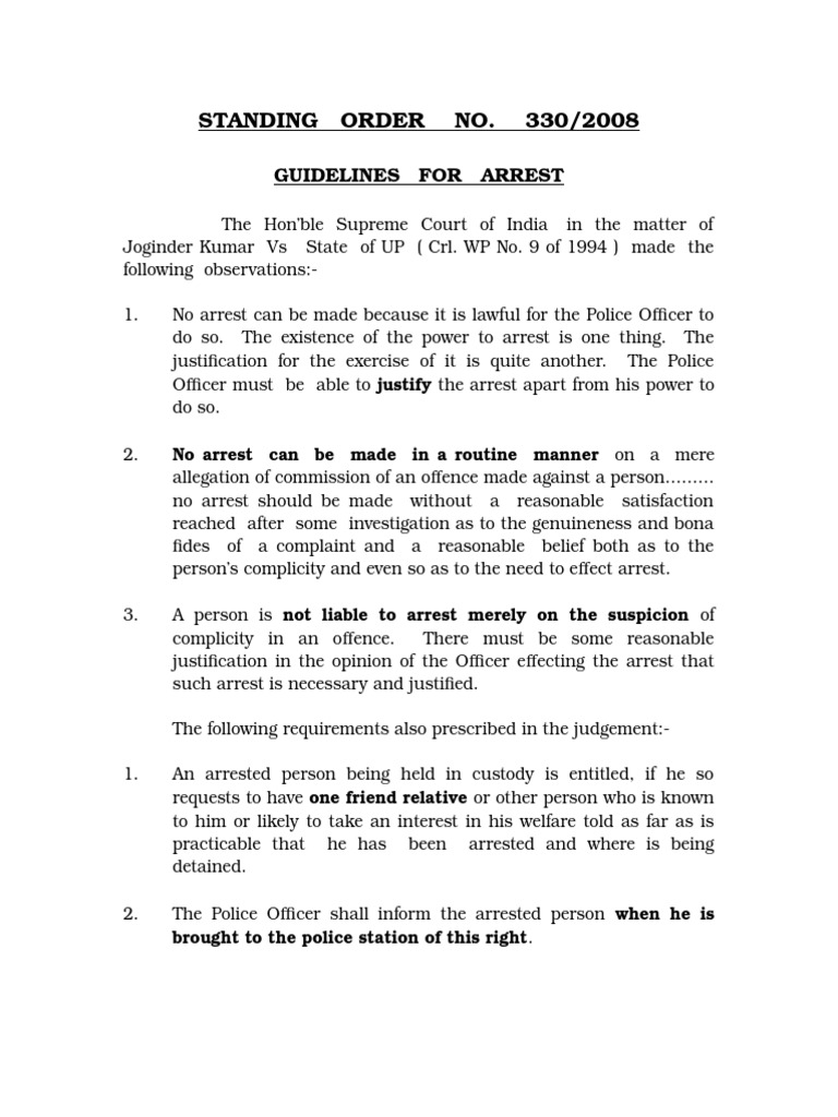 Standing Order No. 330/2008: Guidelines FOR Arrest | PDF | Arrest | Police