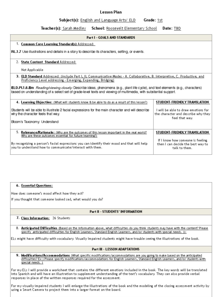 Ela Eld Lesson Plan | PDF | Educational Assessment | Special Education