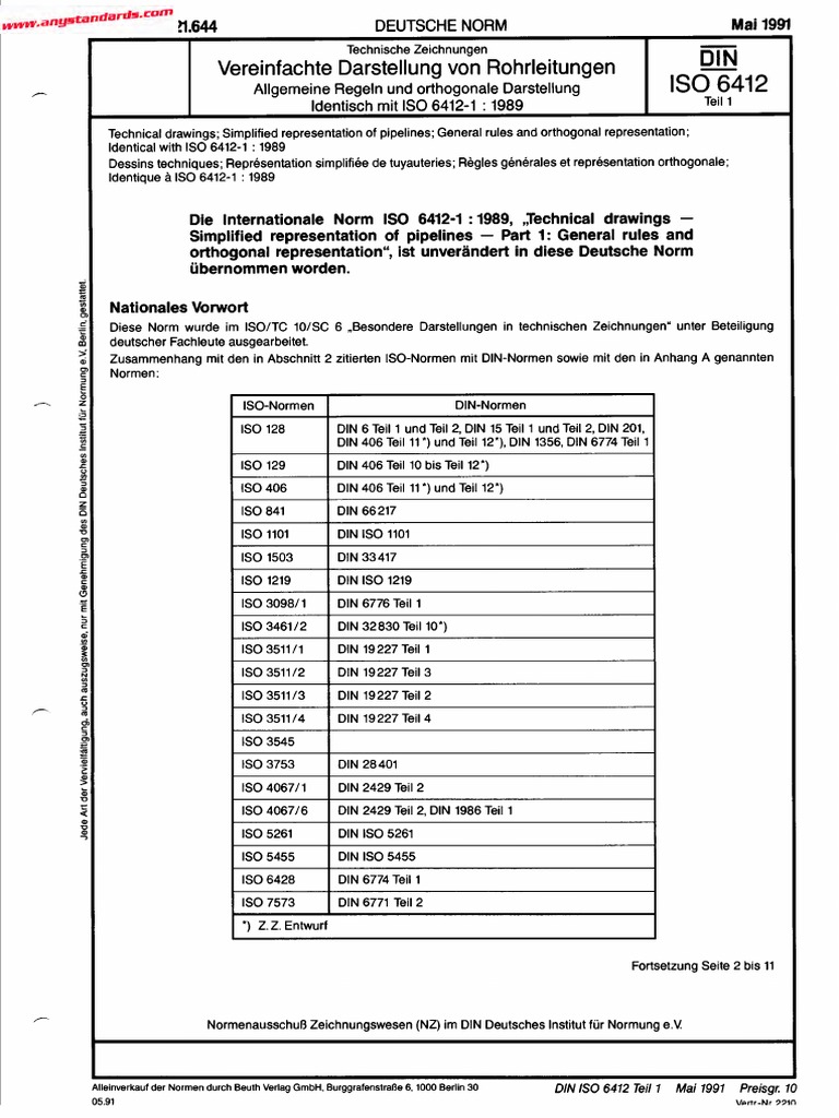 Din Iso 6412-1-1991 技术制图.管道的简明表示法.第1部分一般规则和正交表示法; | PDF