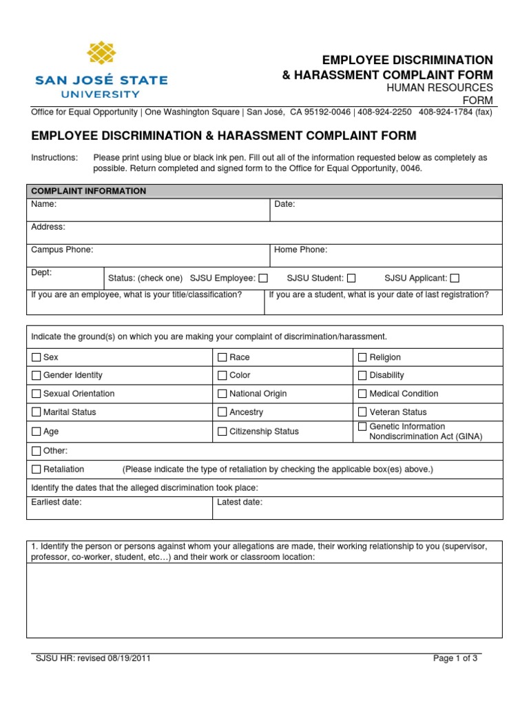 Printable Employee Discrimination Harassment Coplaint Form Download | PDF