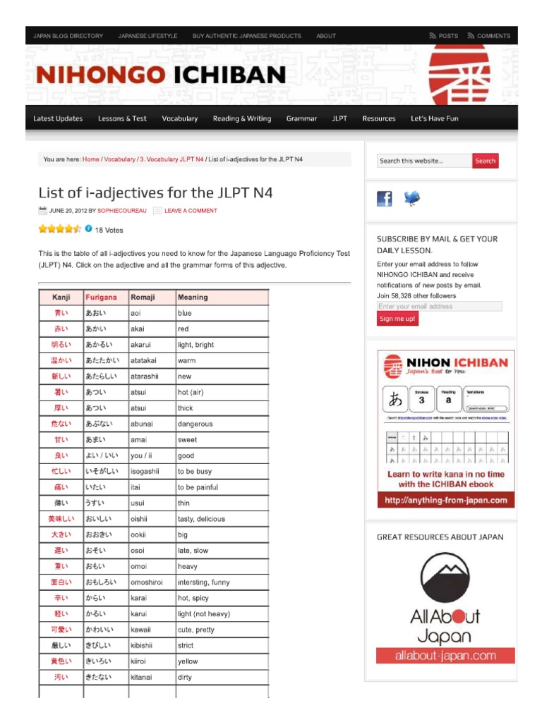 List of I-Adjectives For The JLPT N4 - NIHONGO ICHIBAN PDF | PDF