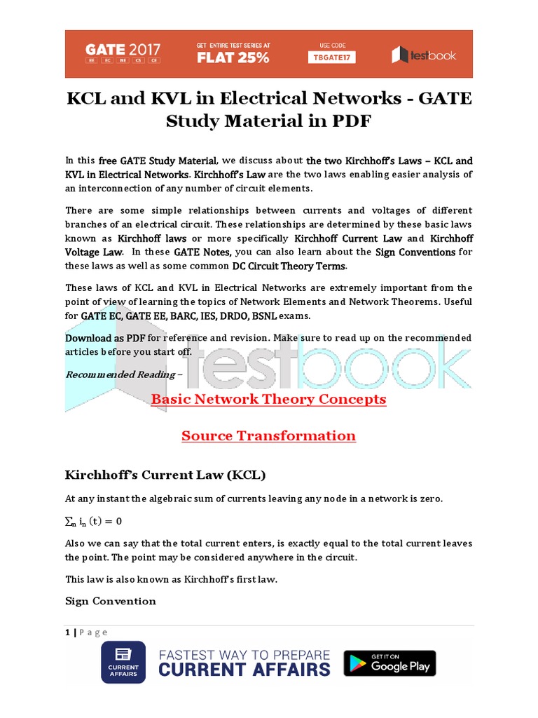 KCL and KVL in Electrical Networks - GATE Study Material in PDF | PDF | Electrical Network ...
