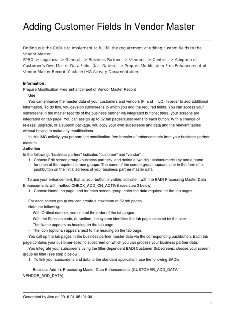 Add Customer Fields to Vendor Master | PDF | Method (Computer Programming) | Interface (Computing)