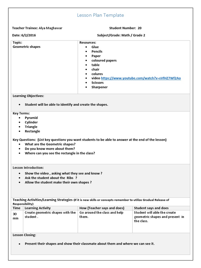 Lesson Plan Template: (If It Is New Skills or Concepts Remember To ...