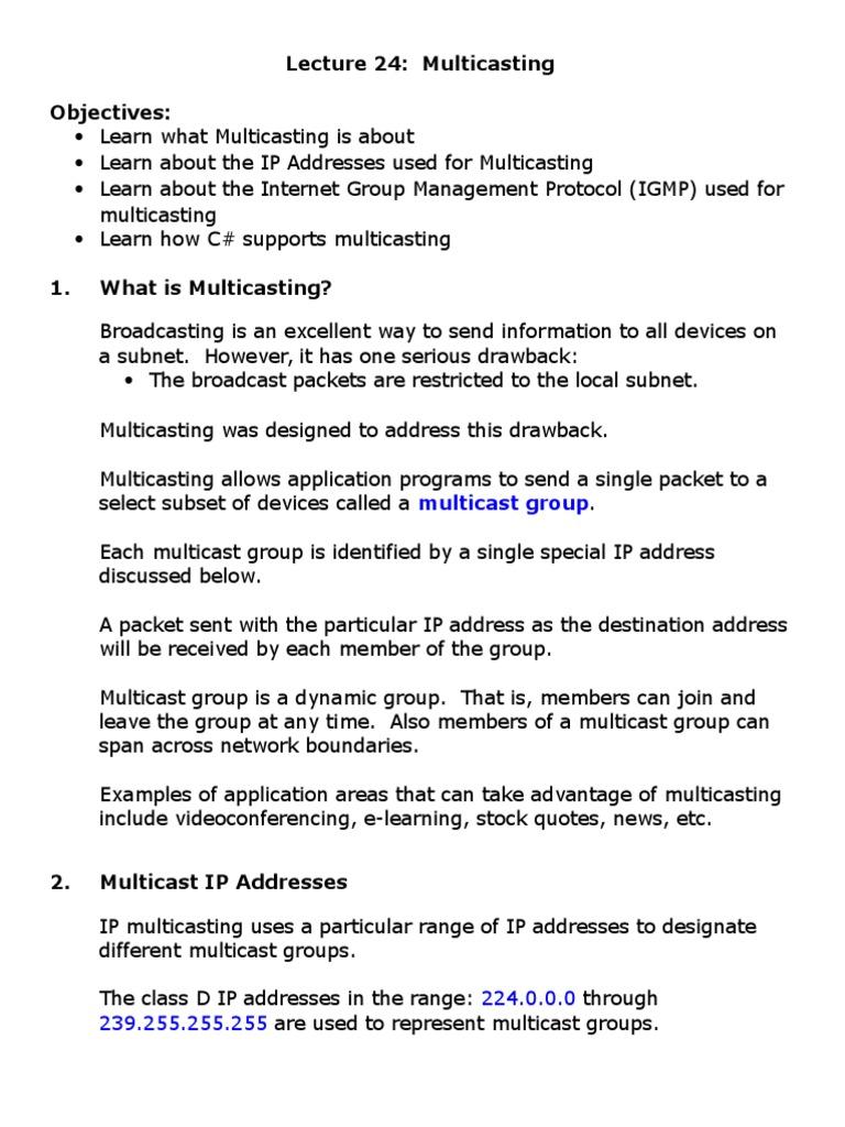Lecture 24: Multicasting Objectives:: Multicast Group | PDF | Multicast | Ip Address