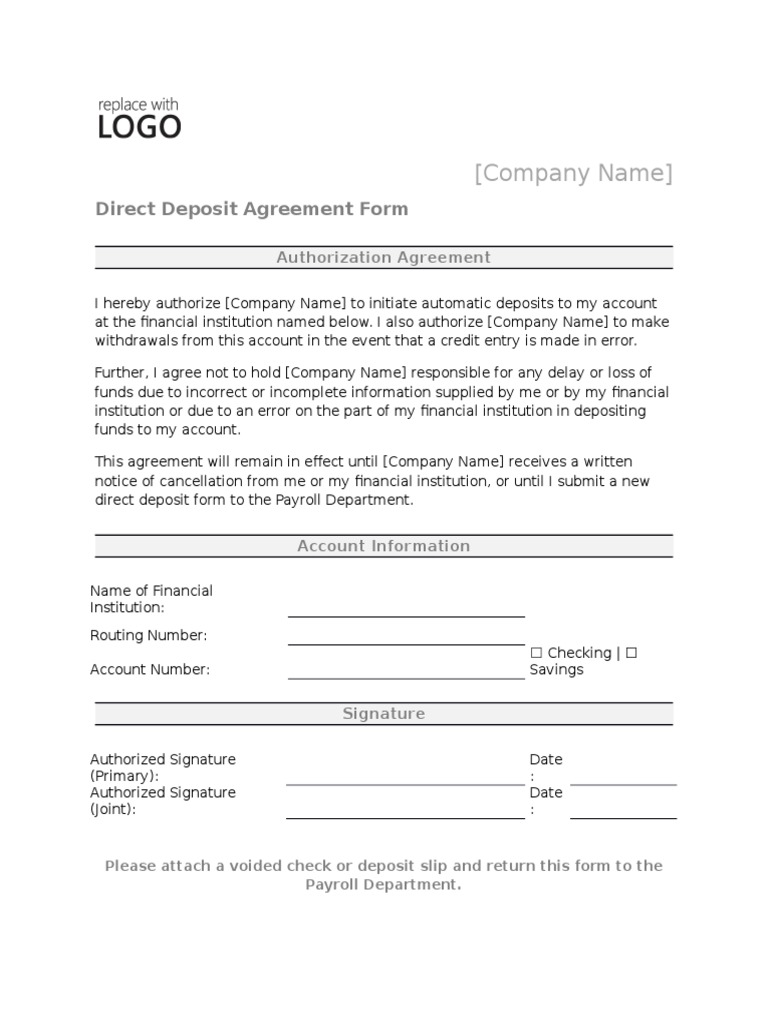 (Company Name) : Direct Deposit Agreement Form | PDF