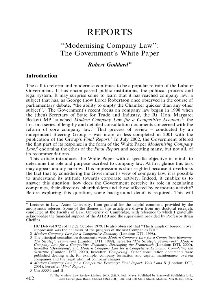 Reports: Modernising Company Law'': The Government's White Paper | PDF ...