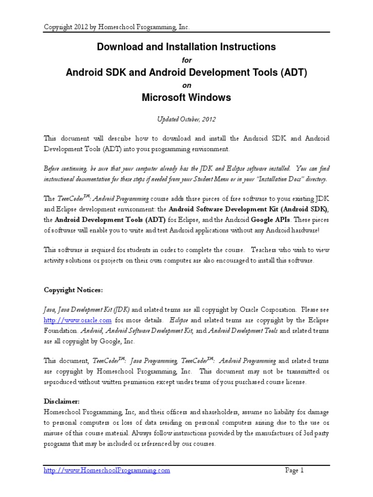 and Installation Instructions Android SDK and Android Development Tools (ADT) Microsoft Windows ...