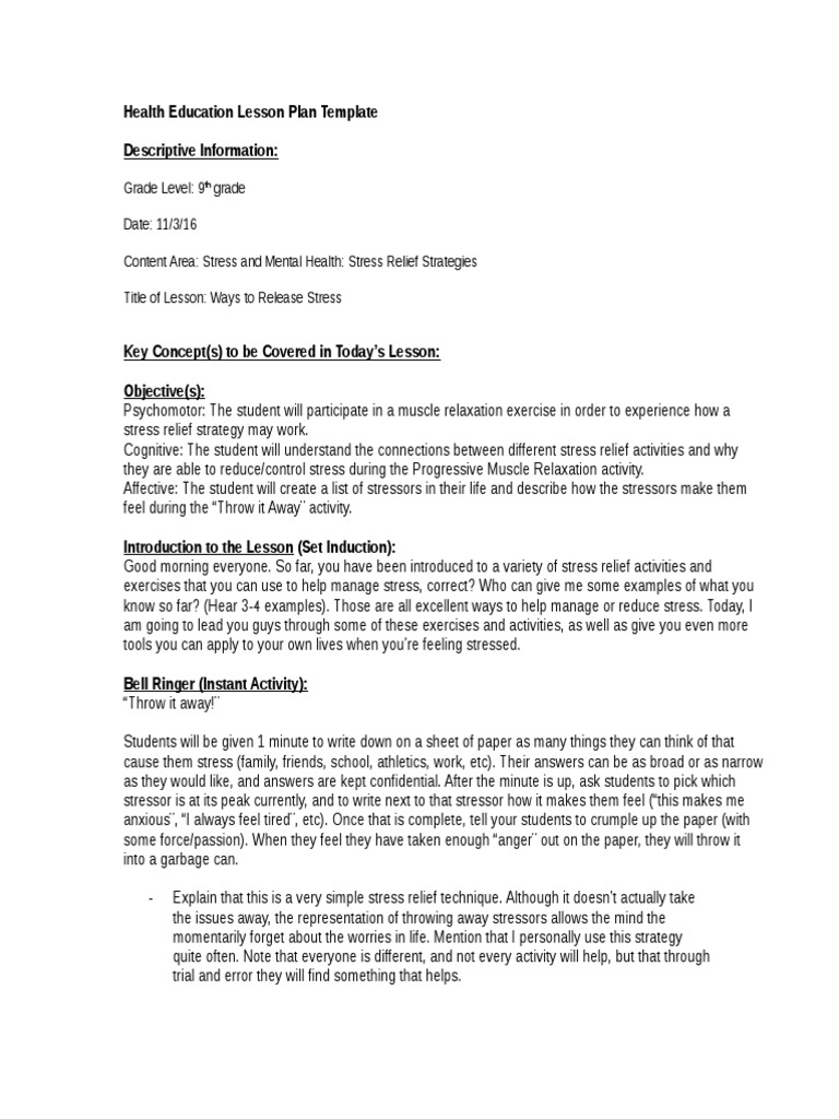9th Grade Stress Relief Lesson Plan | PDF | Relaxation (Psychology ...