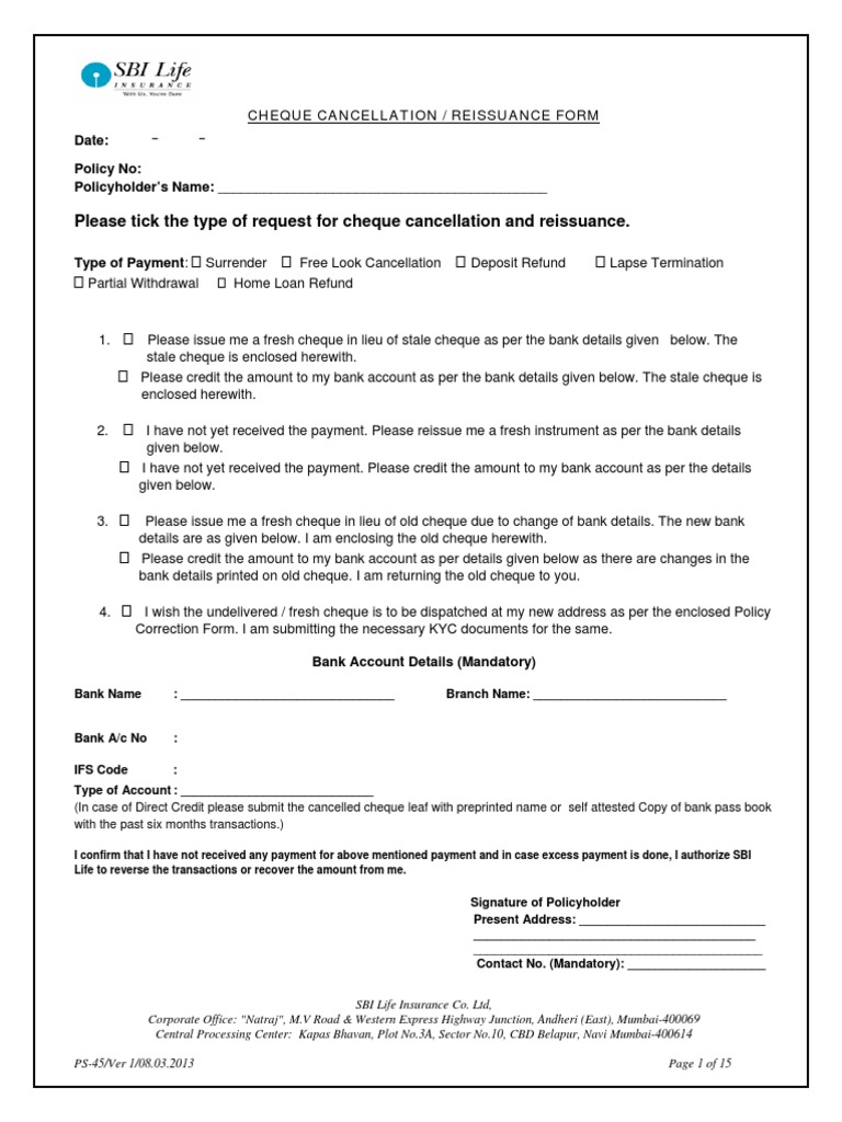 Cheque Cancellation Reissue Application Form | PDF