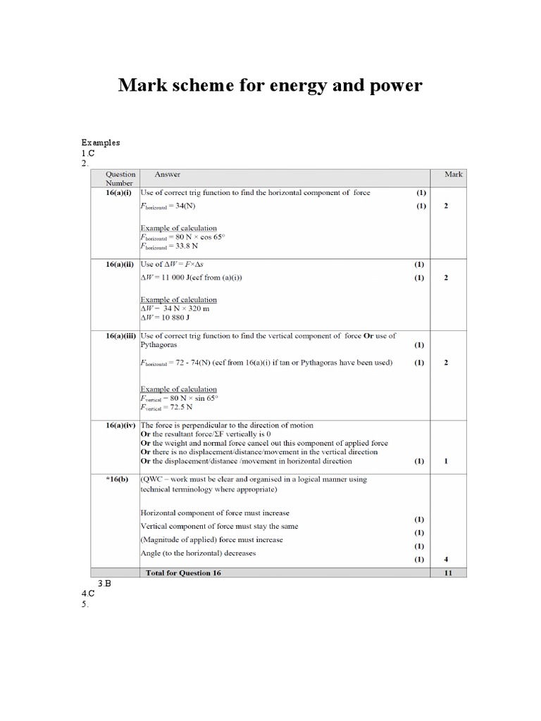 Mark Scheme For Energy and Power: Examples 1.C 2 | PDF | Teaching ...