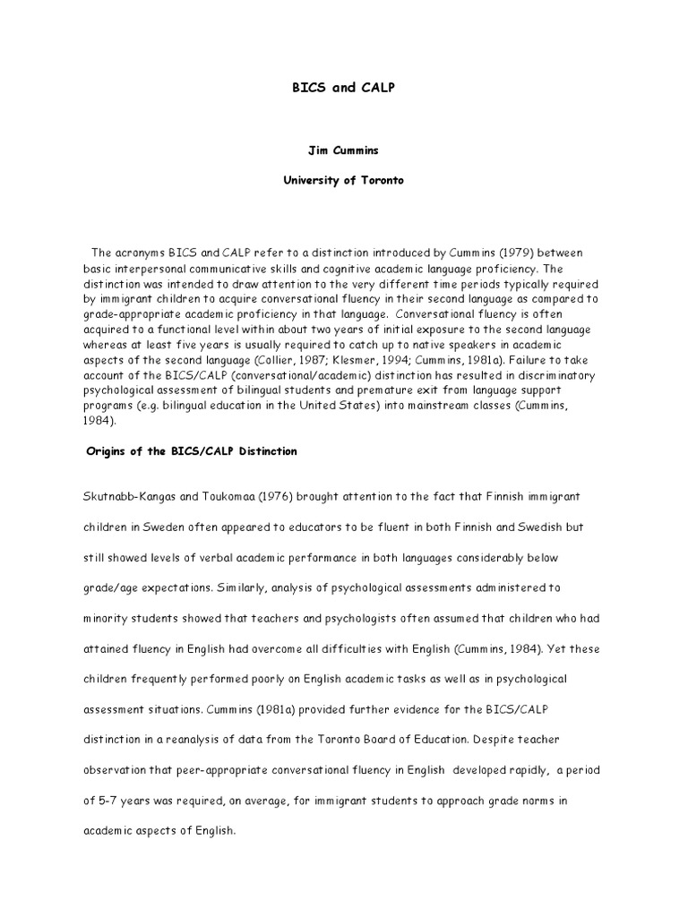Understanding BICS and CALP Distinction | PDF | Second Language ...