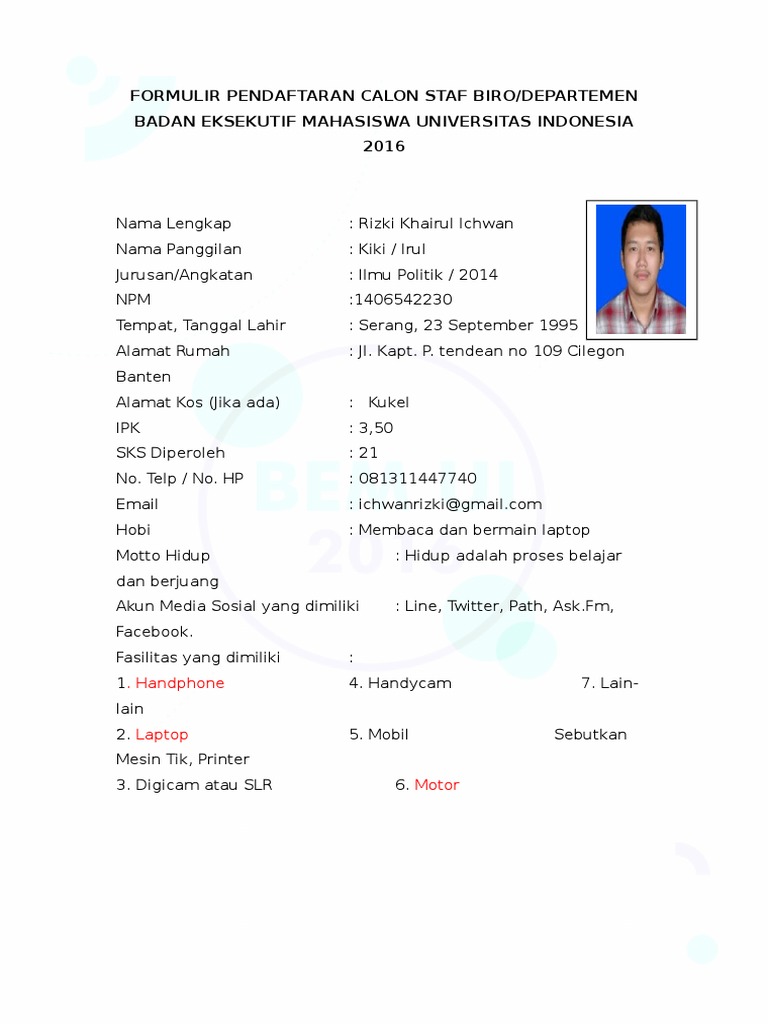 (LAMPIRAN) Formulir Pendaftaran Staf BEM UI 2016 | PDF