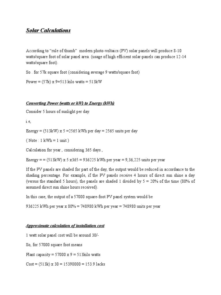 Solar Calculations: Converting Power (Watts or KW) To Energy (KWH) | PDF