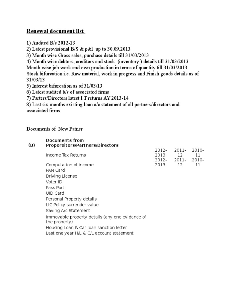 Renewal Document List: (B) Documents From Proporeitors/Partners ...