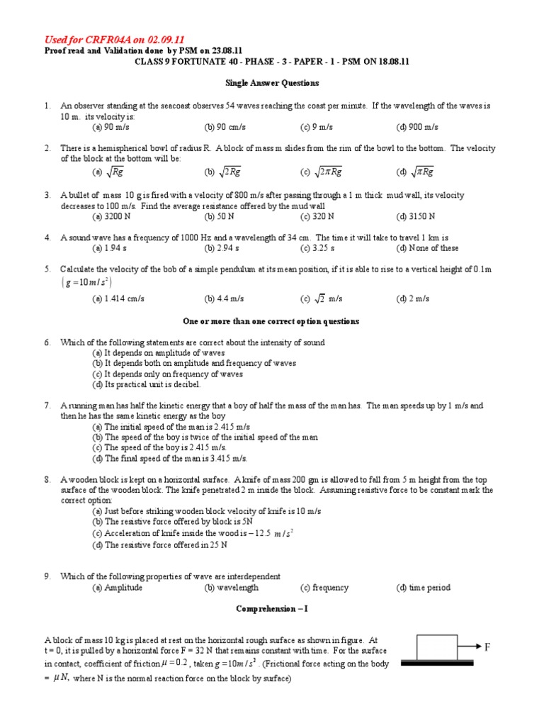 Class 9 Physics Practice Paper | PDF | Wavelength | Waves