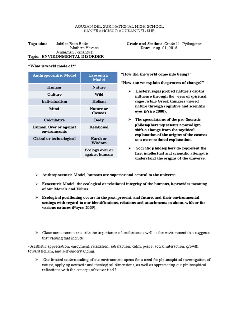 Anthropocentric Model Ecocentric Model | PDF | Ecology | Nature