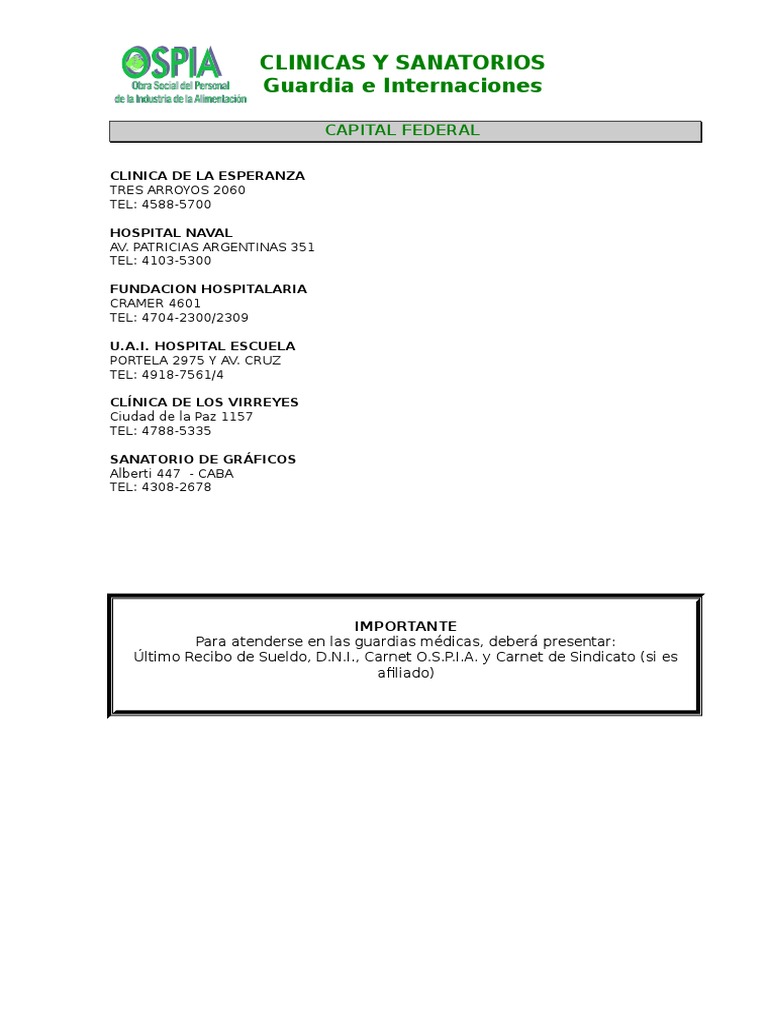 Cartilla médica OSPIA en Argentina