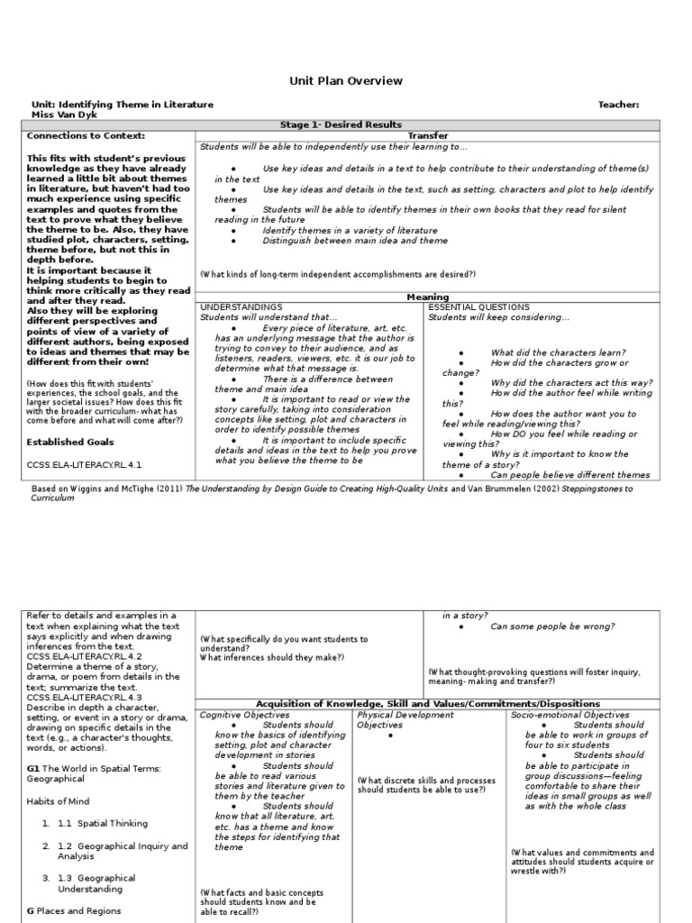 Identifying Theme Unit Overview | PDF | Educational Assessment | Curriculum