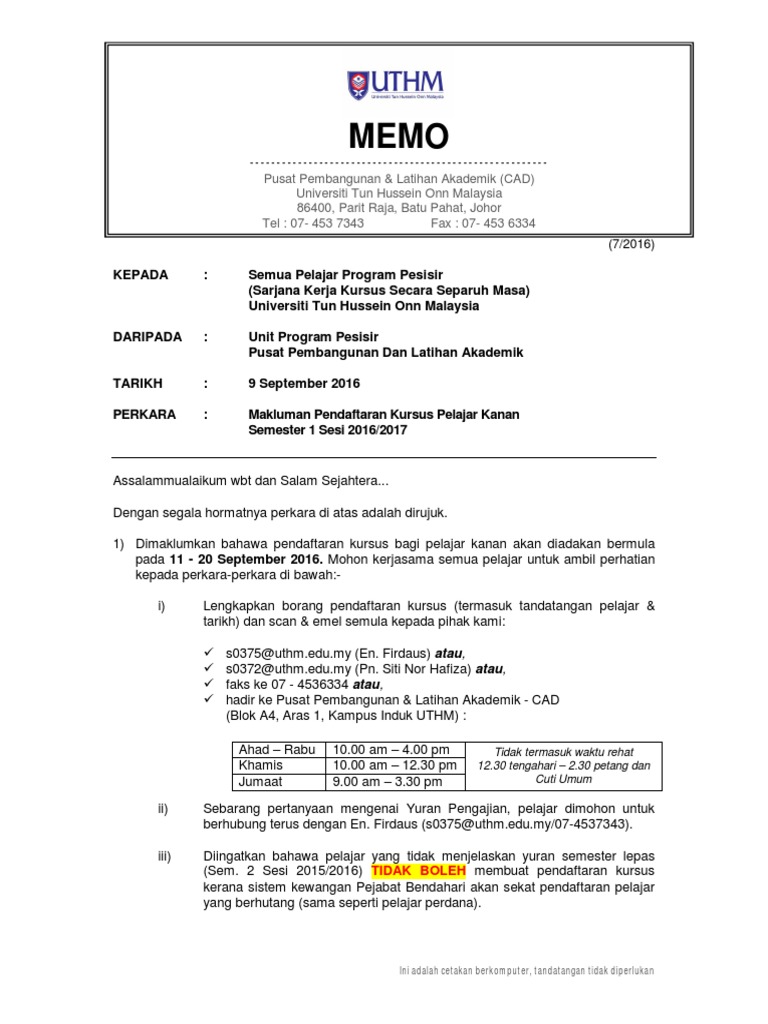 Memo Makluman Pendaftaran Kursus - 1 | PDF