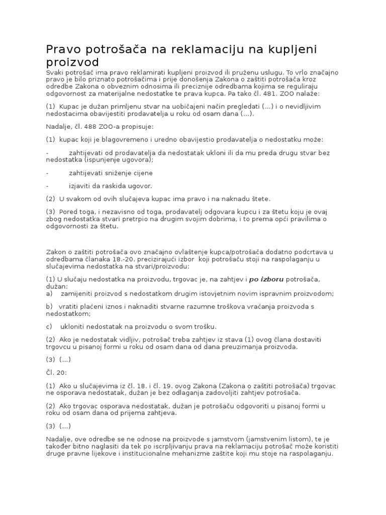 Pravo Potrošača Na Reklamaciju Na Kupljeni Proizvod | PDF