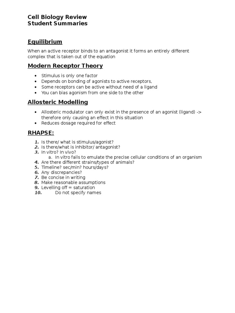 Cell Biology Review Student Summaries Equilibrium | PDF