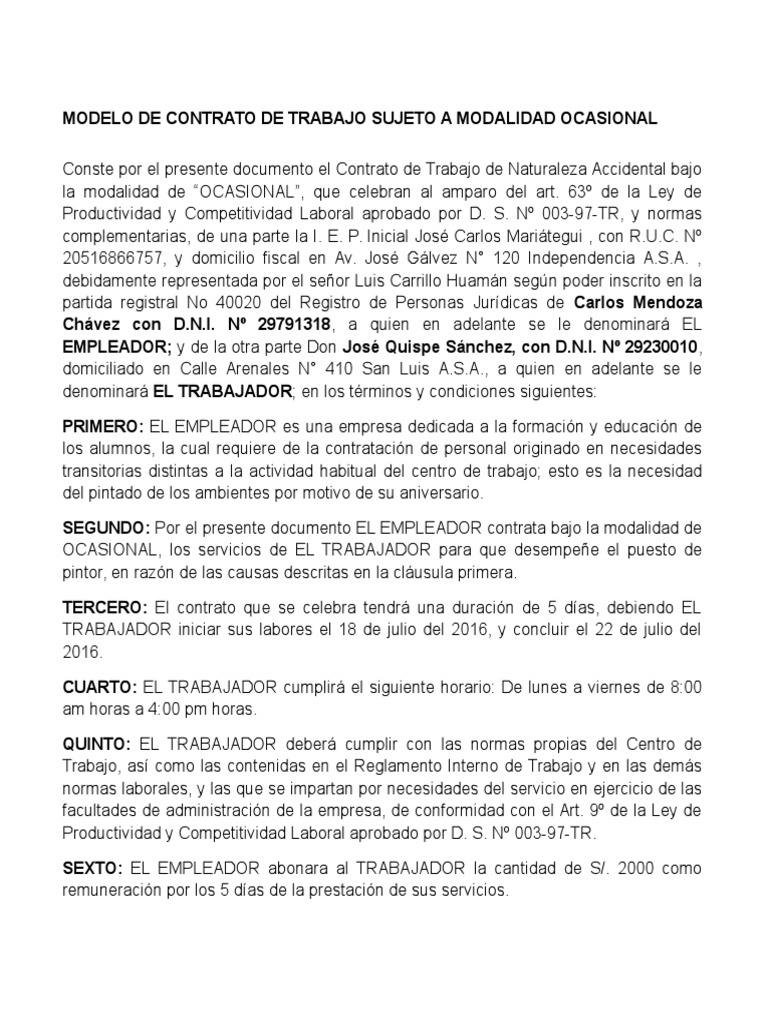 Modelo de Contrato de Trabajo Sujeto A Modalidad Ocasional | PDF | Derecho laboral | Gobierno