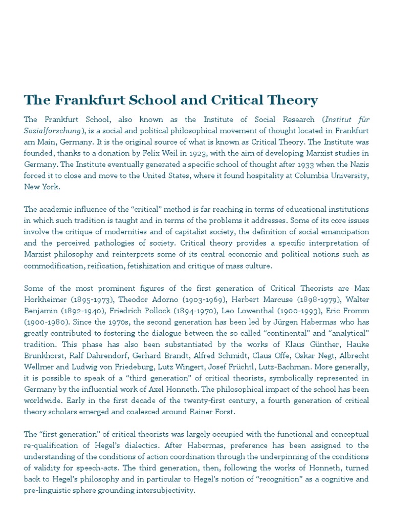 Frankfurt School and Critical Theory Overview | PDF | Critical Theory ...