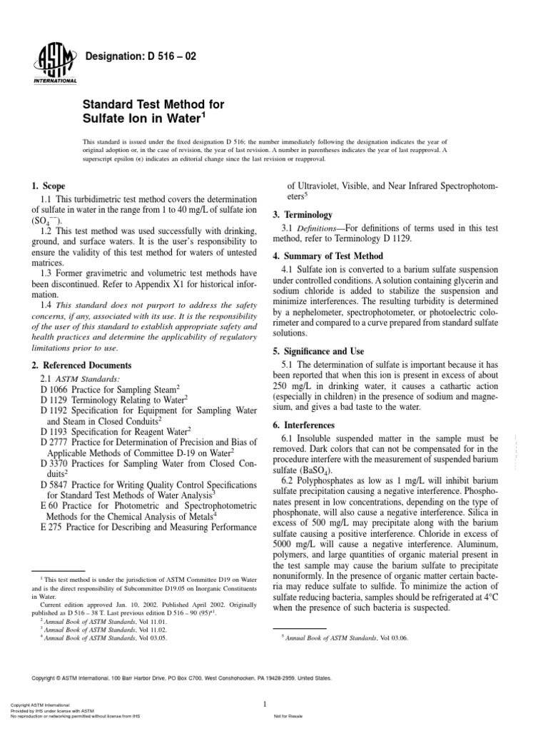 Sulfate Ion in Water: Standard Test Method For | PDF ...