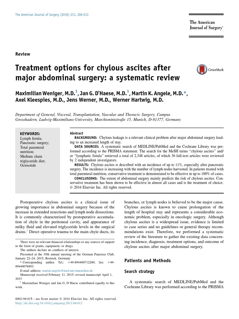 Treatment Options For Chylous Ascites After Major Abdominal Surgery - A ...