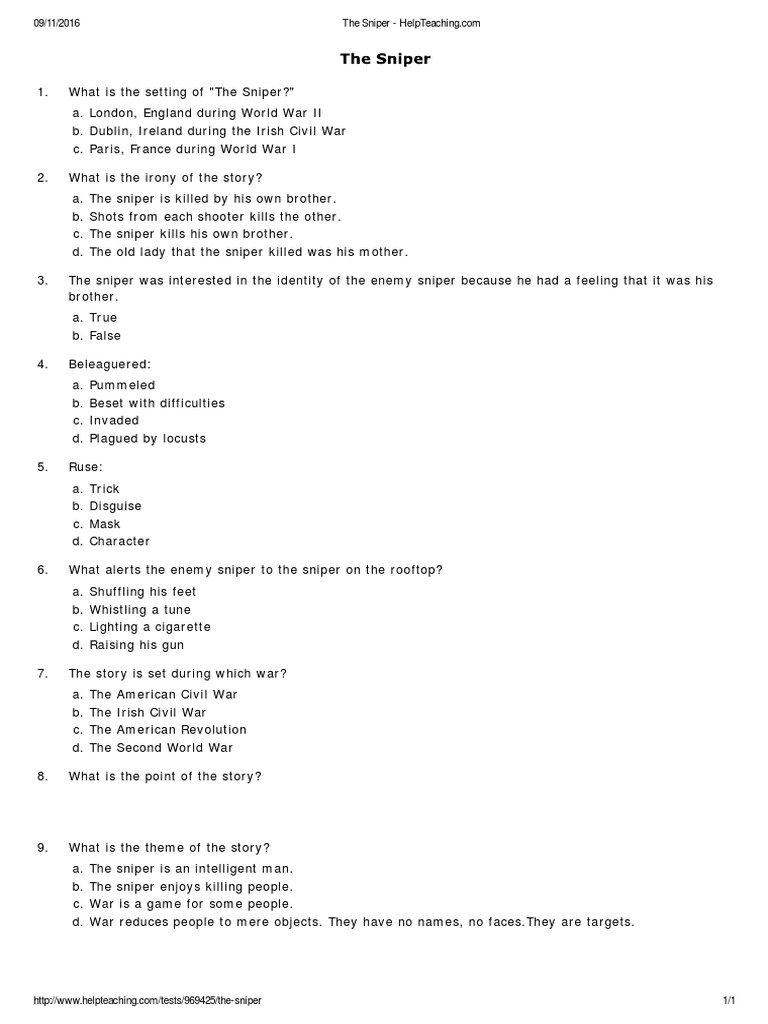 "The Sniper Study Guide & Quiz" | PDF | Mystery, Thriller & Crime ...