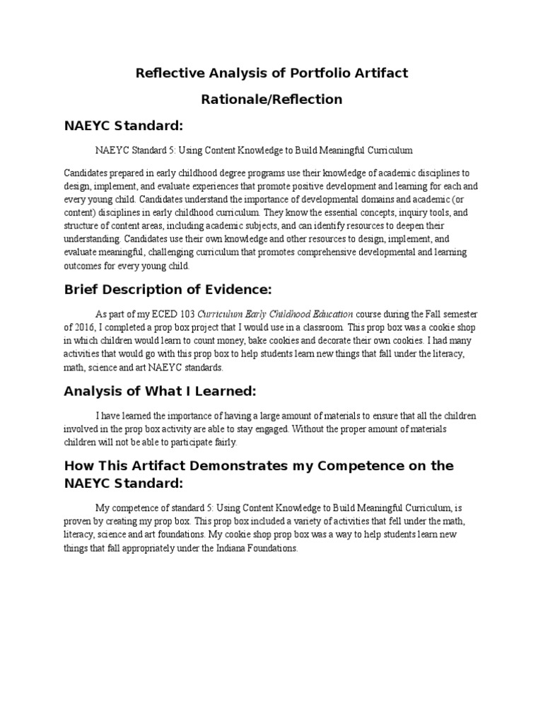 Reflective Analysis of Portfolio Artifact Rationale/Reflection NAEYC ...
