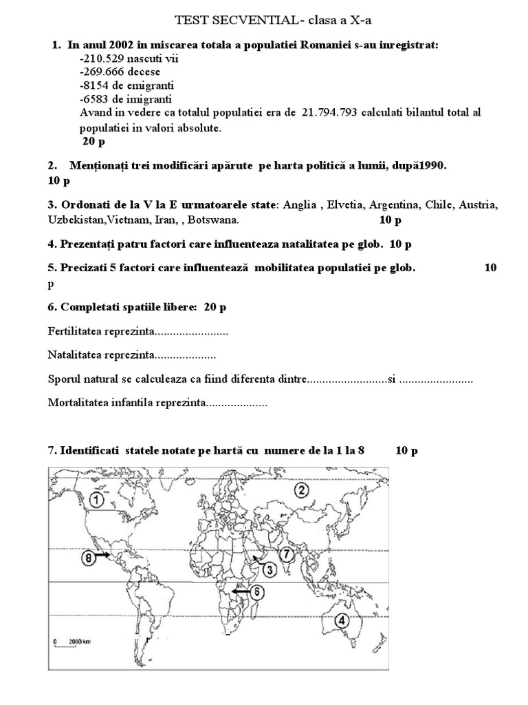 Test de Evaluare A Cunostintelor Geografie Clasa A X A | PDF