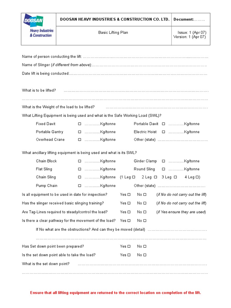 Basic Lifting Plan | PDF