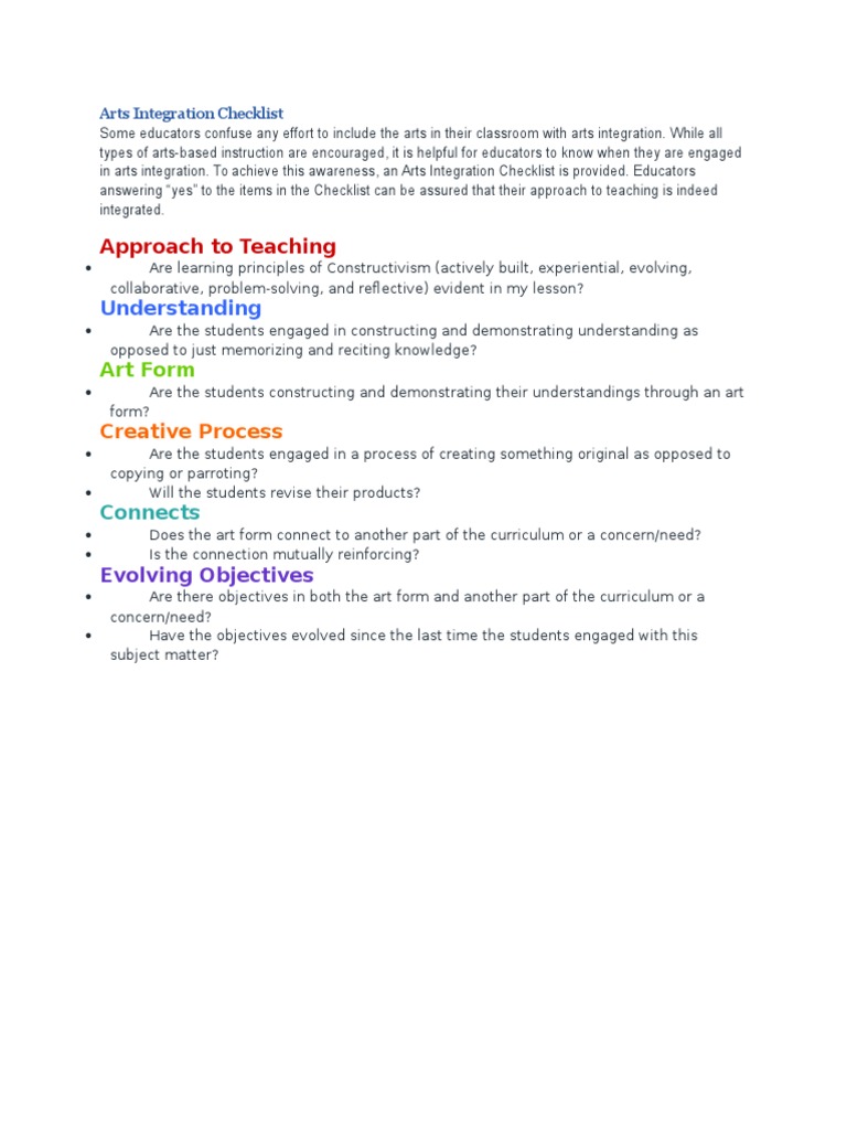 Arts Integration Checklist Kennedy Center | PDF