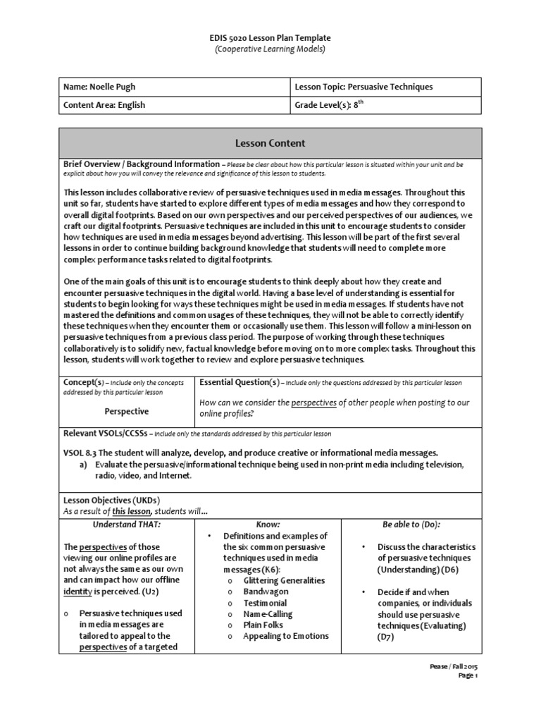 8th Grade Lesson on Persuasive Techniques | PDF | Lesson Plan ...