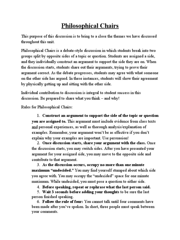 Philosophical Chairs: You Are Assigned To. This Argument Must Include ...