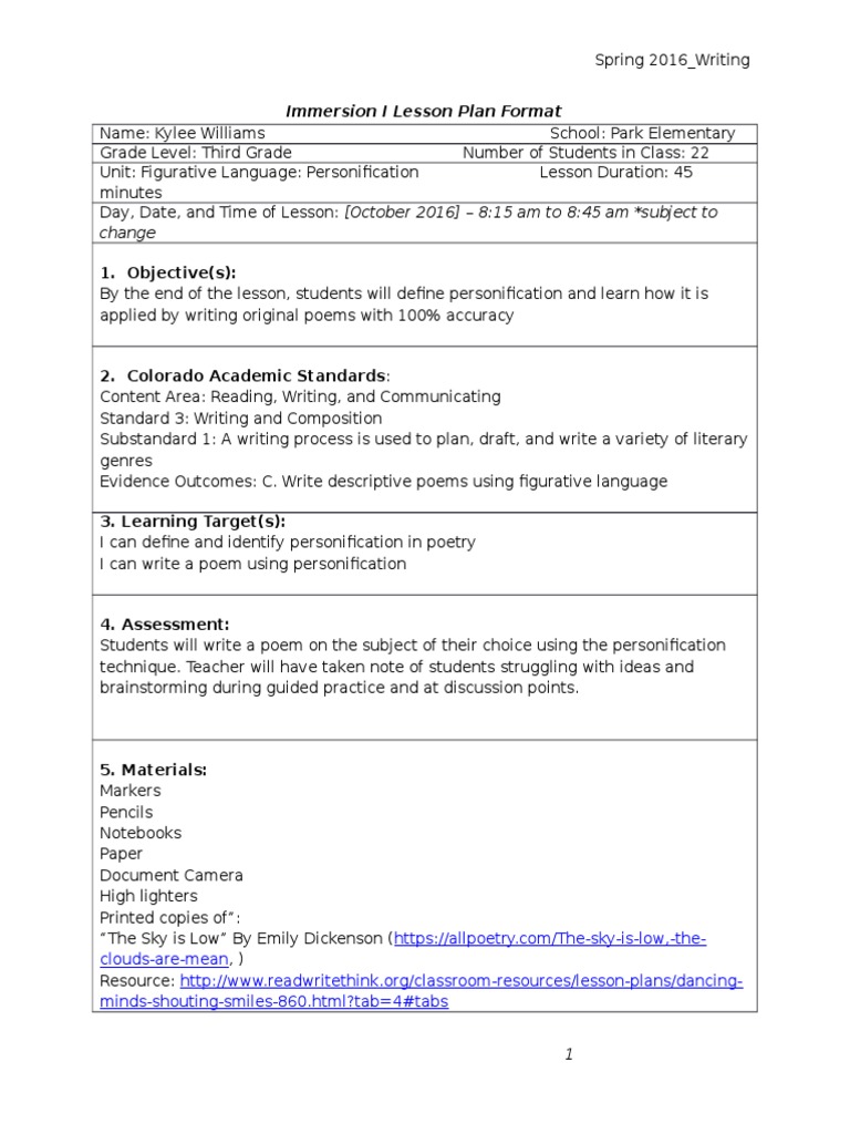 Kylee Williams - Personification Lesson Plan Draft 2 | PDF | Lesson ...