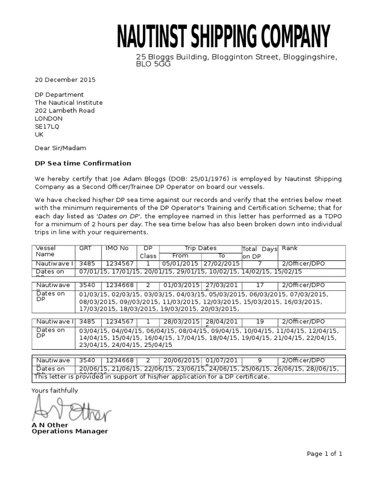 DP Sea Time Confirmation Letter | PDF | Water Transport | Business