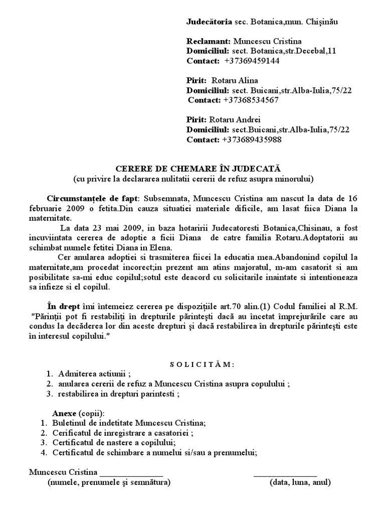 Cerere De Chemare In Judecata A Divortului Model Word