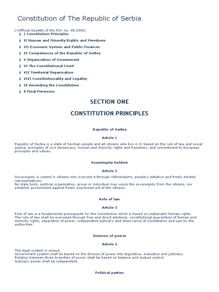 Constitution of The Republic of Serbia: Section One Constitution ...