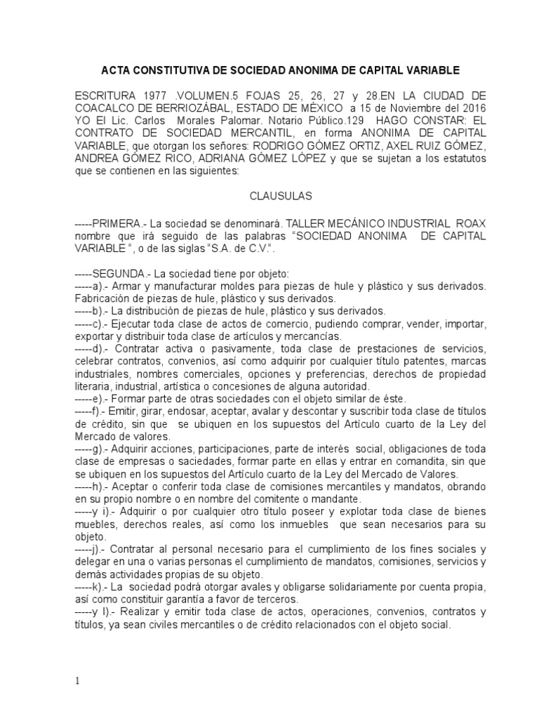 Acta Constitutiva de Sociedad Anonima | PDF | Liquidación | Compartir (Finanzas)
