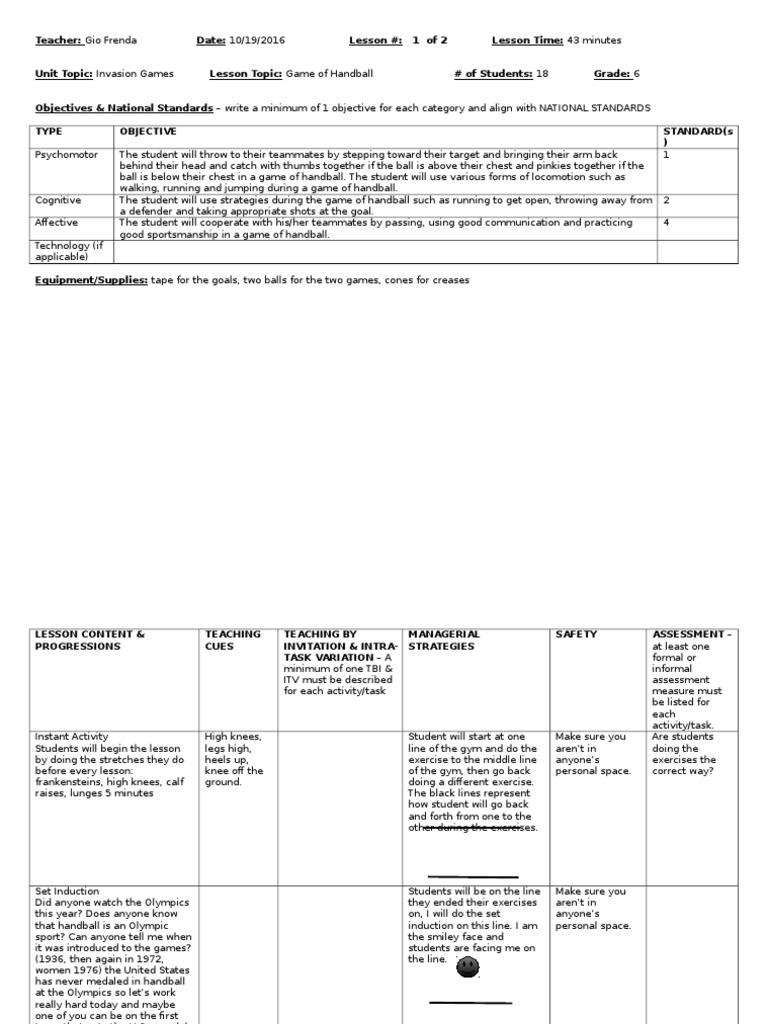 Gio Handball Lesson Revised | PDF | Ball Games | Sports