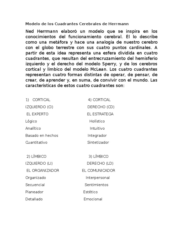 Modelo de Los Cuadrantes Cerebrales de Herrmann | PDF | Hemisferio ...