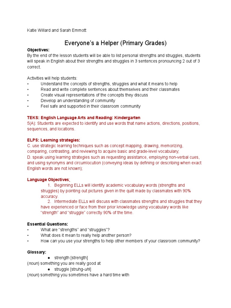 Everyone's A Helper (Primary Grades) : Objectives | PDF | Vocabulary ...