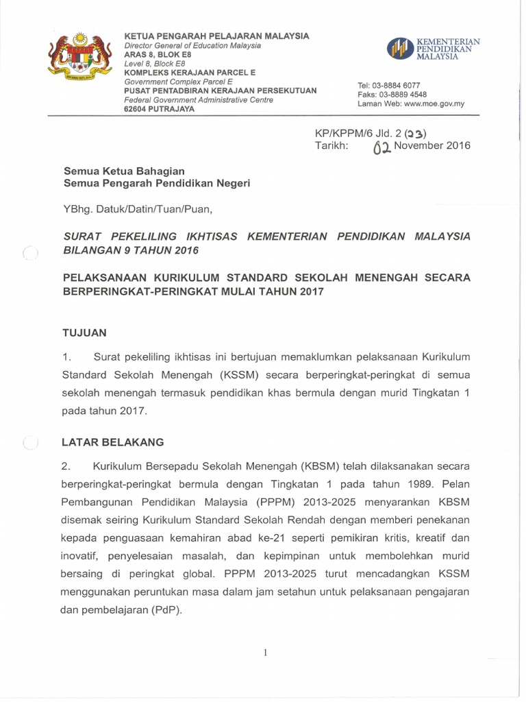 Surat Pekeliling Iktisas KPM Bil. 9 Tahun 2016 - Pelaksanaan Kurikulum ...