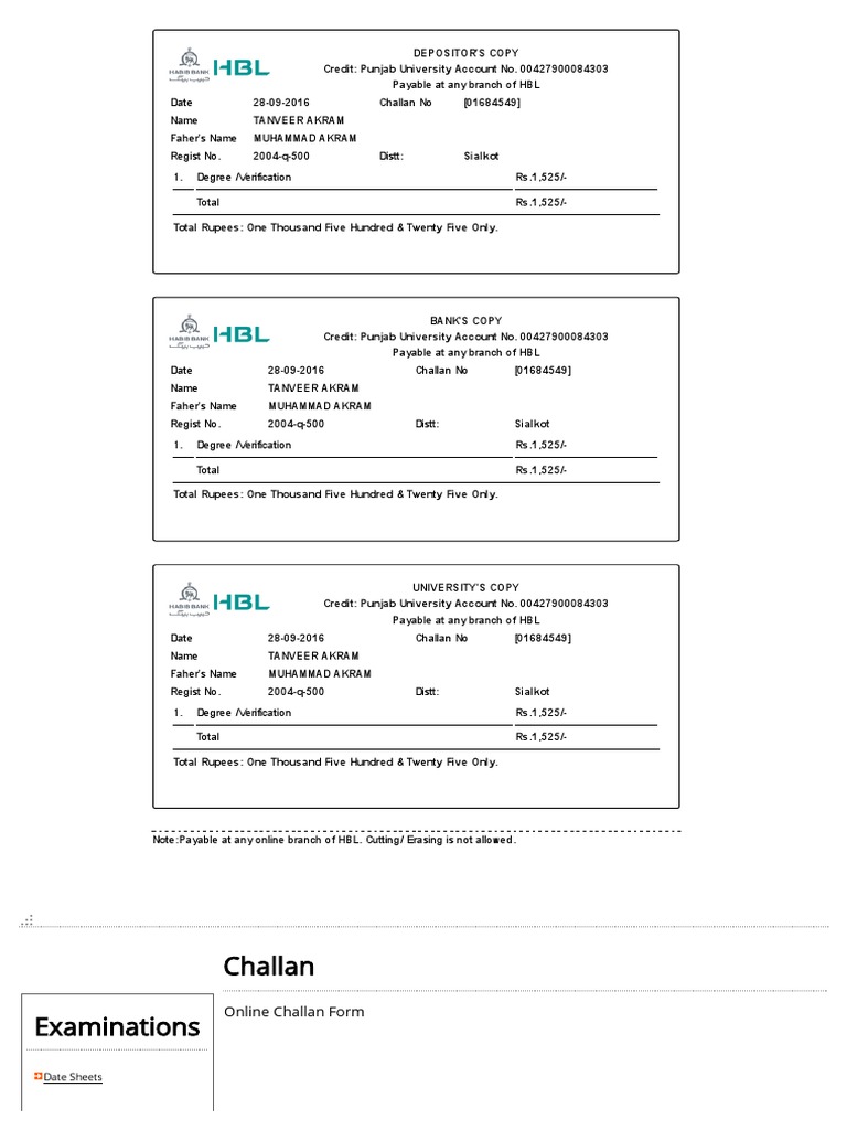 University of The Punjab Challan Form | PDF