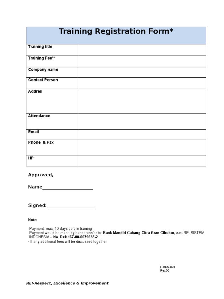 Training Registration Form : Training Title Training Fee Company Name ...