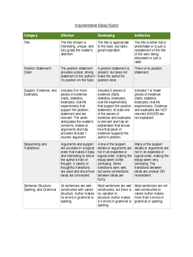 Argumentative Essay Rubric | PDF | Argument | Essays